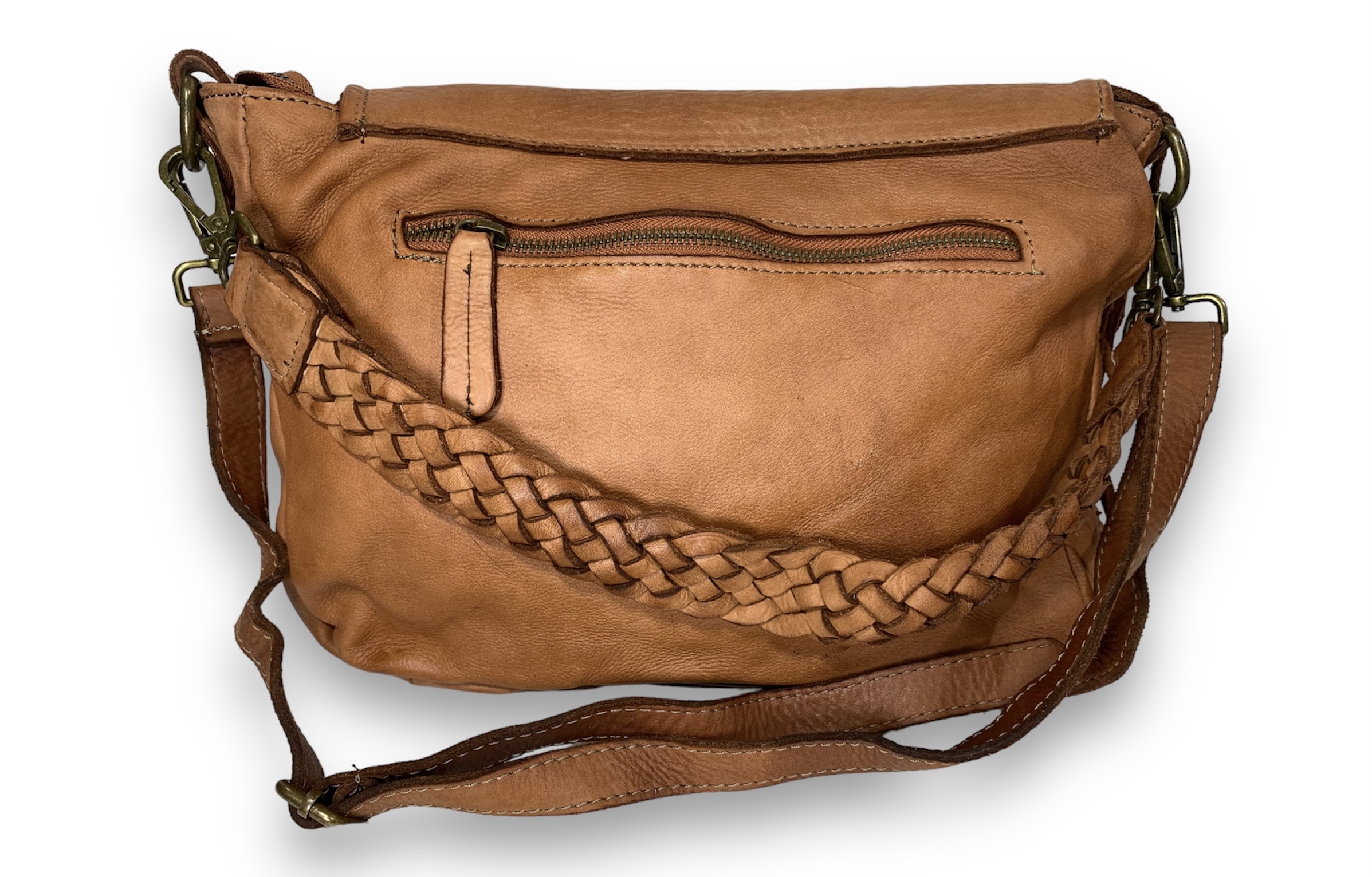 Bolso bandolera camel en piel lavada con flecos efecto vintage Fiorella ...